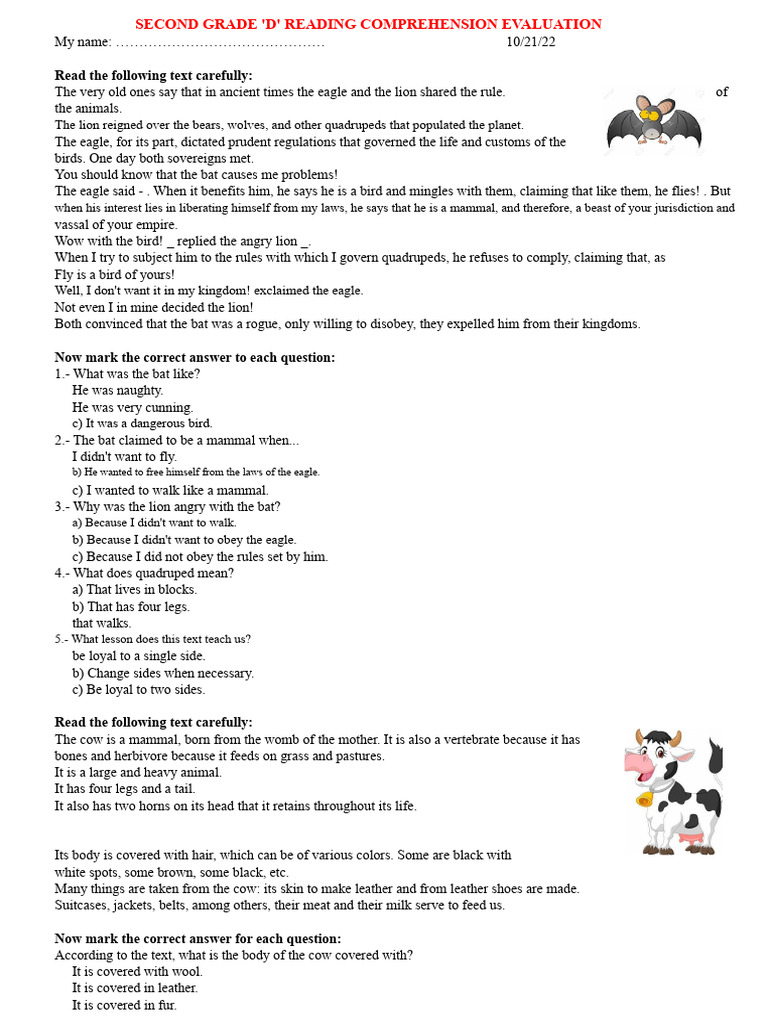 Second Grade Reading Comprehension Assessment | PDF | Mammals | Reading ...