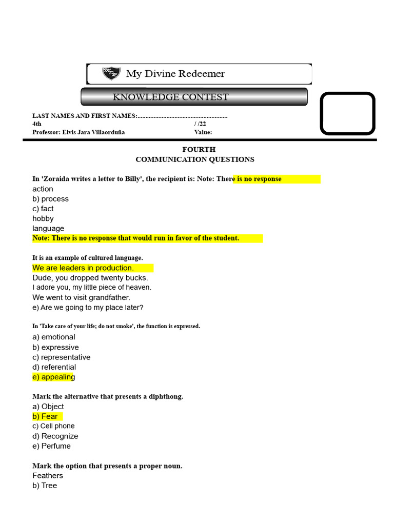 Questions For Fourth Grade Knowledge Contest | PDF | Linguistics | Grammar