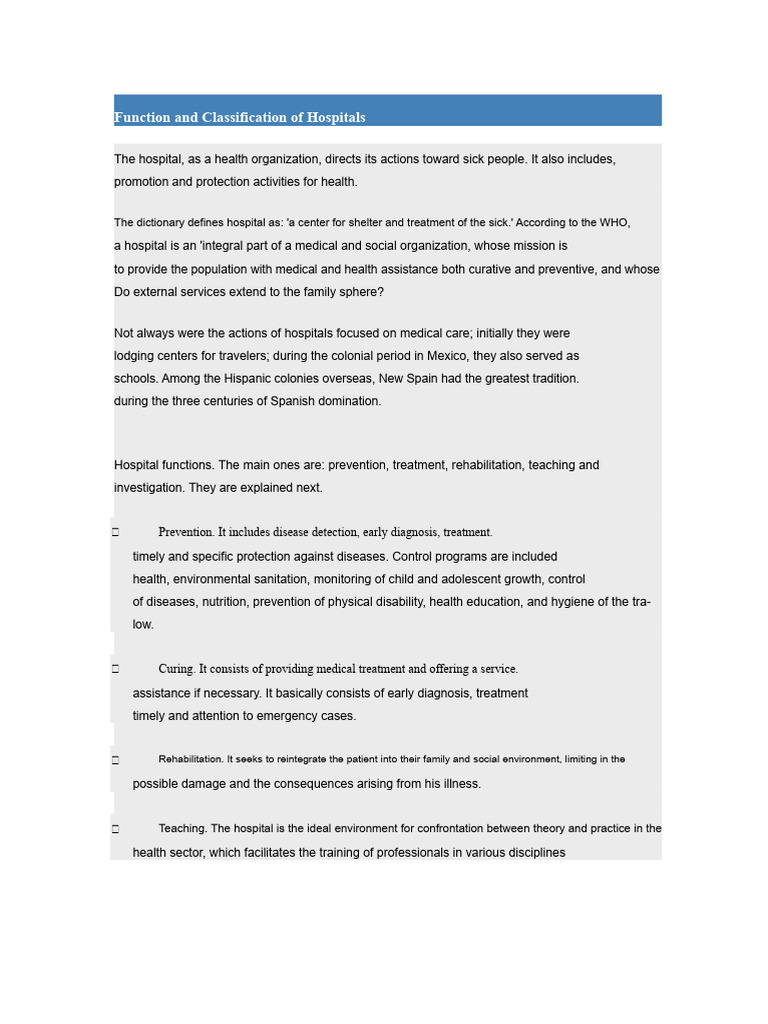 Function and Classification of Hospitals | PDF | Hospital | Nursing