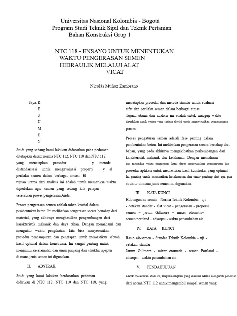 NTC 118 - Uji Untuk Menentukan Waktu Pengikatan Semen Hidraulik Menggunakan Alat Vicat | PDF