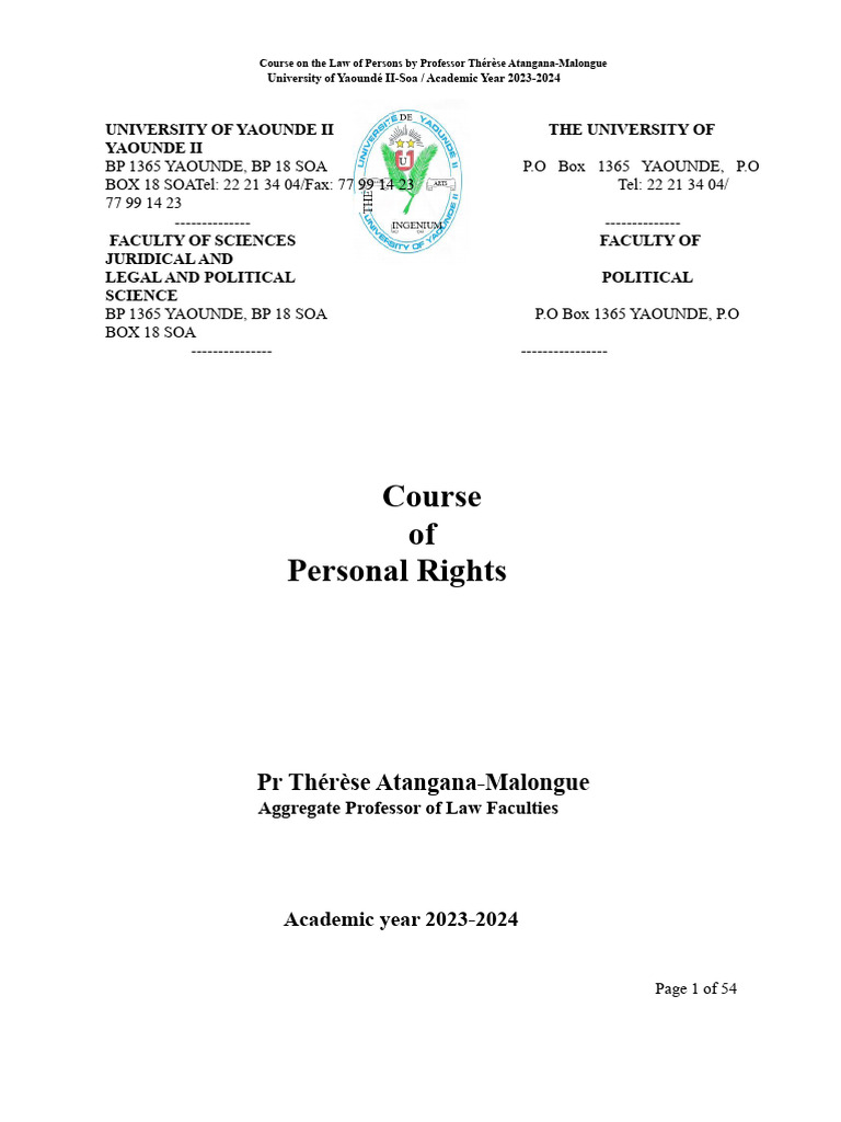 Course On Personal Law 2023-2024. UY2 PR Thérèse Atangana-Malongue ...