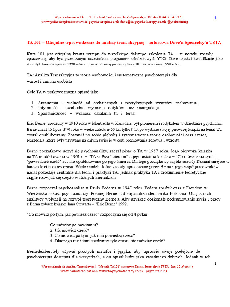 TA 101 - Oficjalne Wprowadzenie Do Analizy Transakcyjnej | PDF