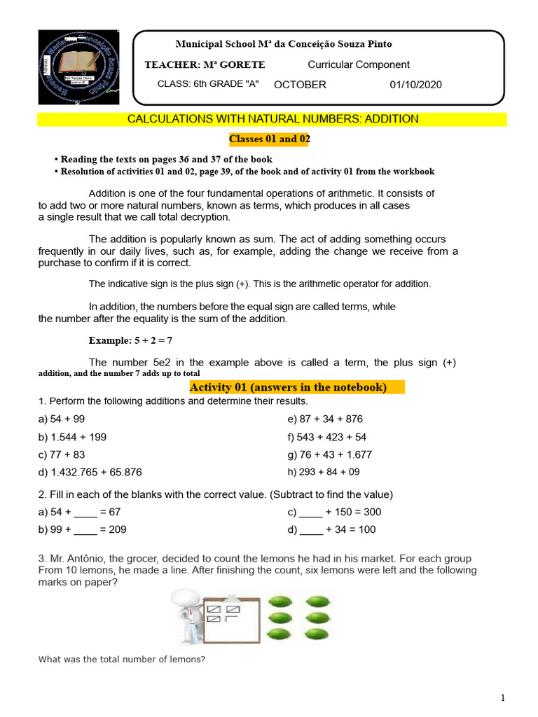 Exercises October - 6th Grade A | PDF | Subtraction | Arithmetic