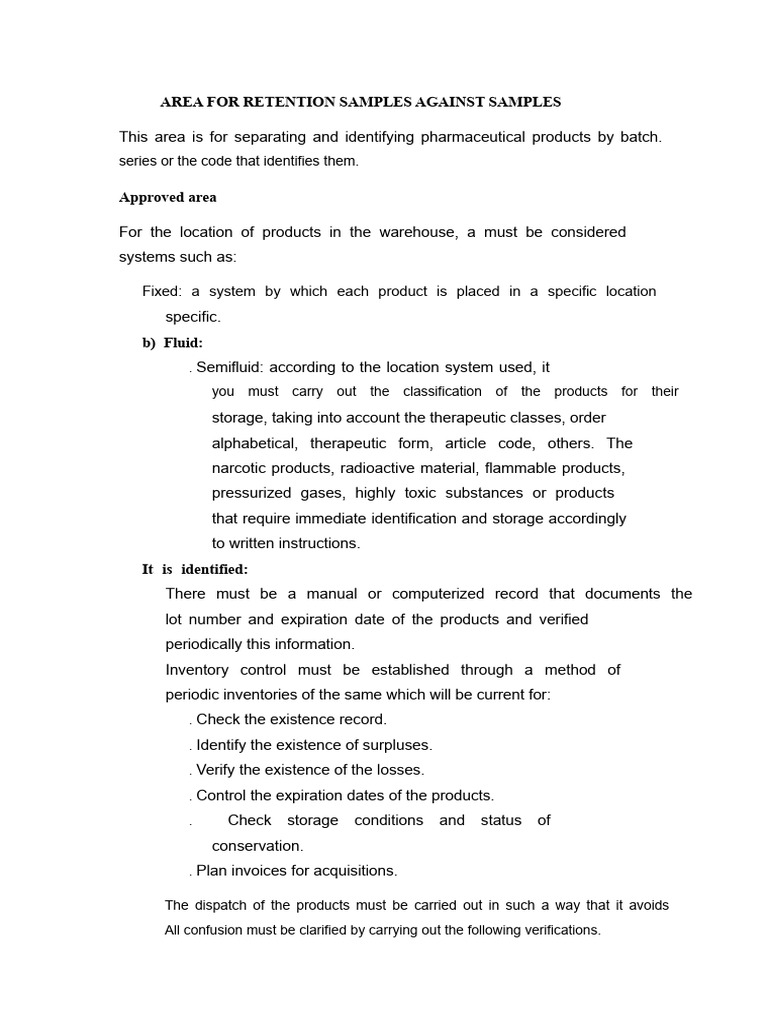 Retention Sample Area Against Samples | PDF | Warehouse | Inventory