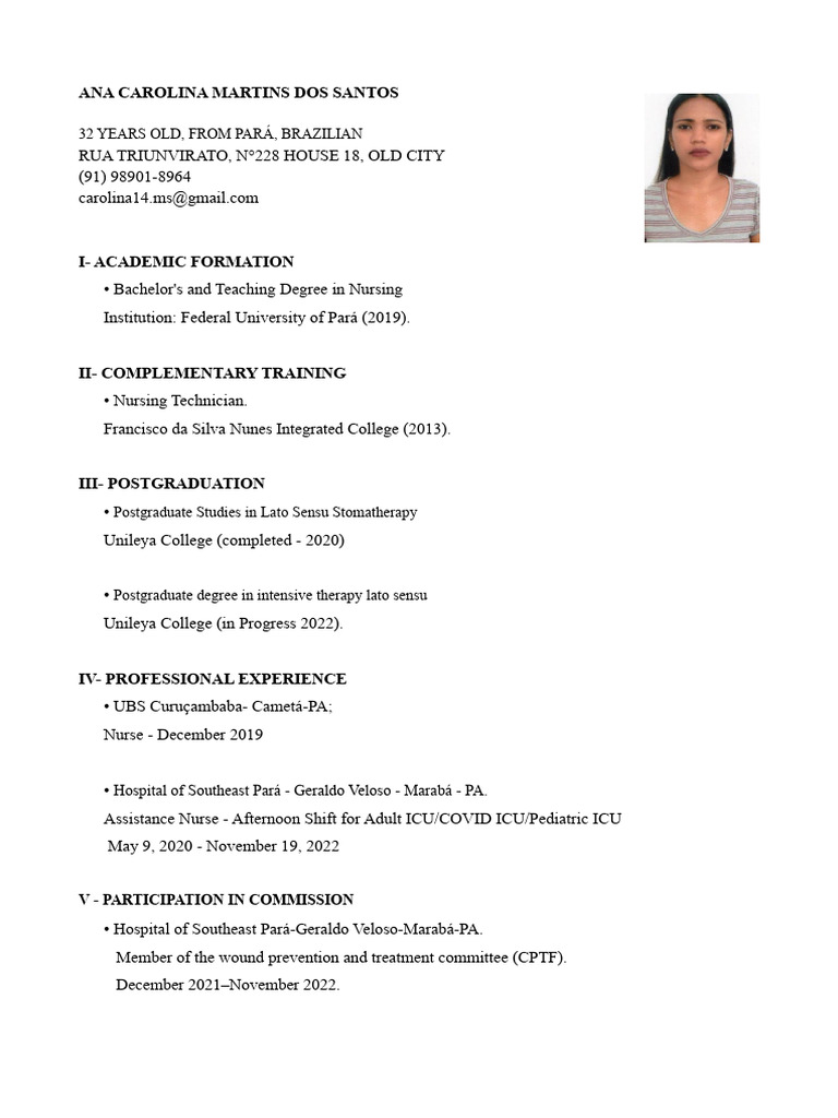 Resume Nurse Ana Carolina Martins Dos Santos | PDF