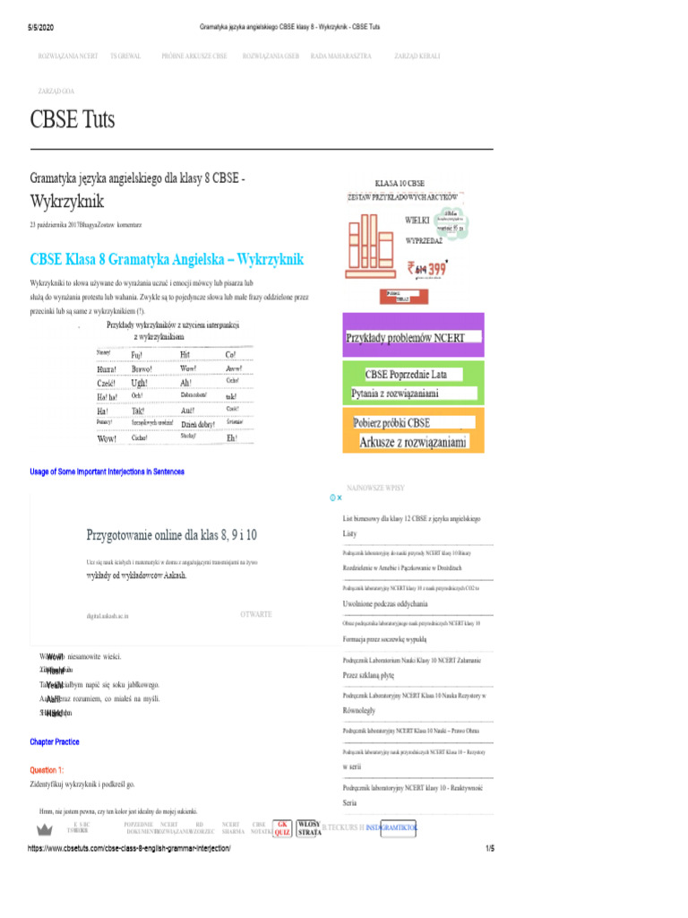 Gramatyka Języka Angielskiego Klasy 8 CBSE - Wykrzyknienie - CBSE Tuts | PDF