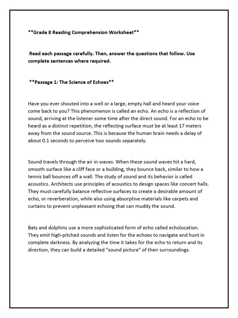 Grade 8 Reading Comprehension Test | PDF | Pencil | Sound