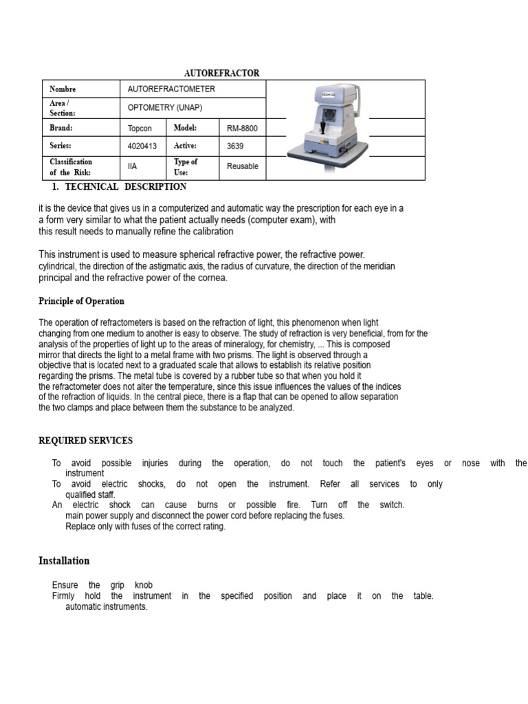 Topcon RM-8800 Autorefractor Guide | PDF | Light