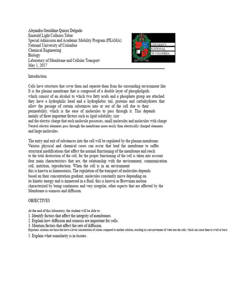 Laboratory Report On The Membrane and | PDF | Cell Membrane | Osmosis