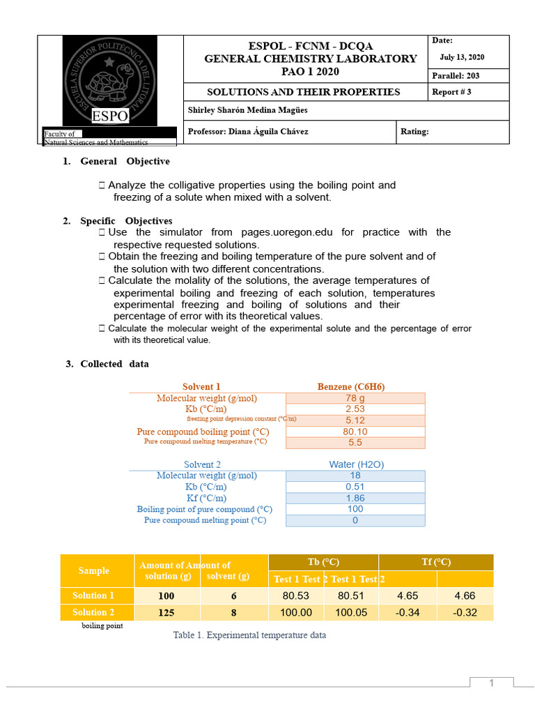 Colligative Properties of Solutions Lab Report | PDF | Quantity ...