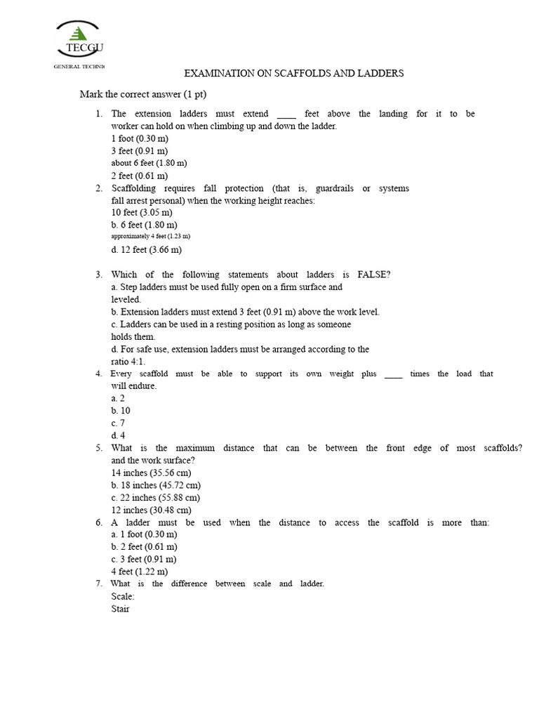 Exam On Scaffolding and Ladders | PDF