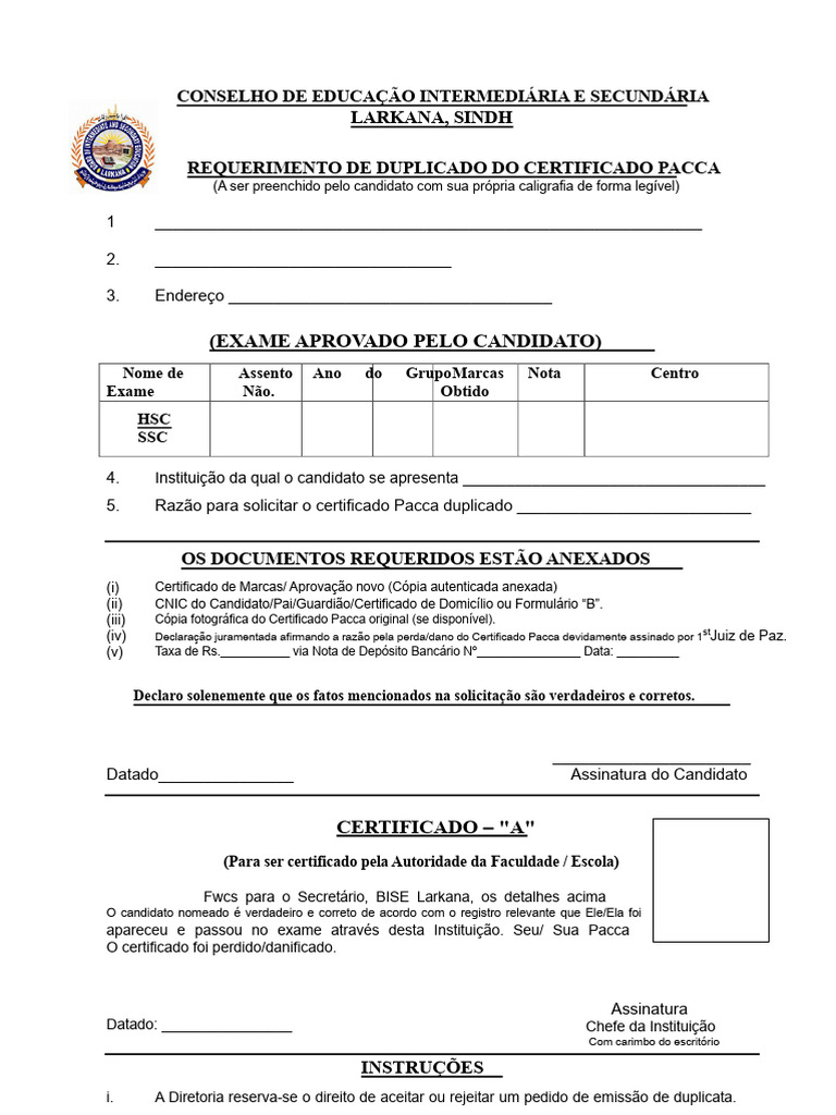 Requerimento de Certificado Pacca Duplicado | PDF