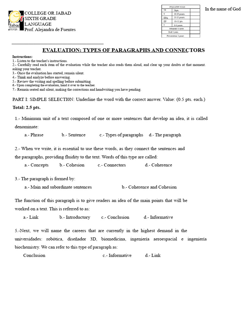 Evaluation of Paragraph Types and Use of Connectors | PDF | Natural ...