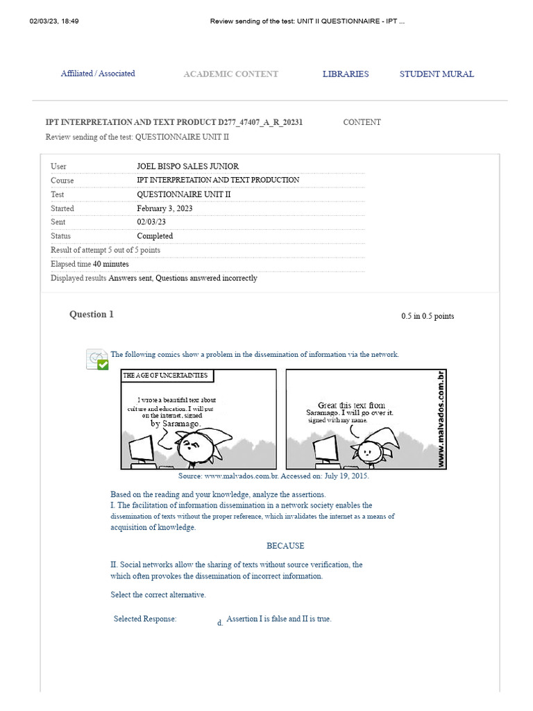 Review Submission of The Test - QUESTIONNAIRE UNIT II - IPT .. | PDF