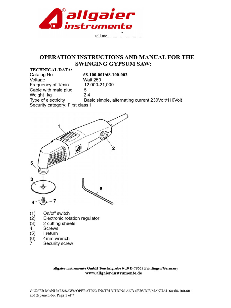 Oscillating Electric Saw For Cutting Gypsum, Allgaier | PDF | Plaster ...