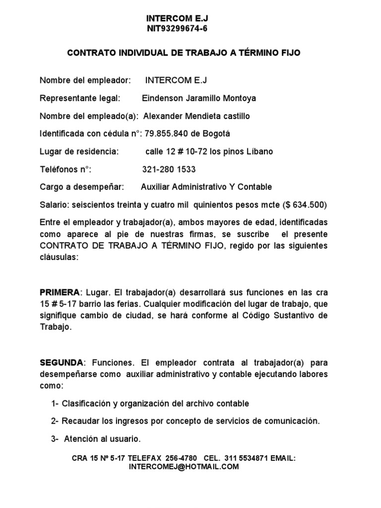 Minuta Contrato de Trabajo Fijo | Derecho laboral | Contabilidad Minuta Contrato de Trabajo Fijo | Derecho laboral | Contabilidad