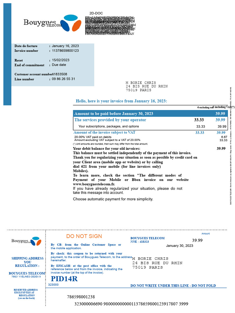 BouyguesTelecom Invoice 20230130 11378659800123 | PDF | Invoice | Payments