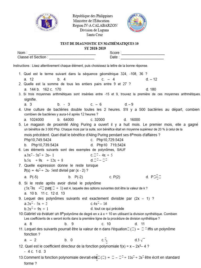 Test Diagnostique Mathématiques 10 SY 2018-2019 | PDF | Cercle | Polynôme