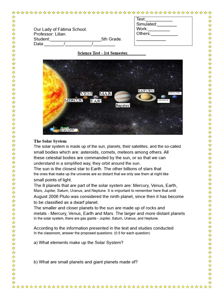 5th Grade Science Test: Solar System | PDF | Planets | Solar System