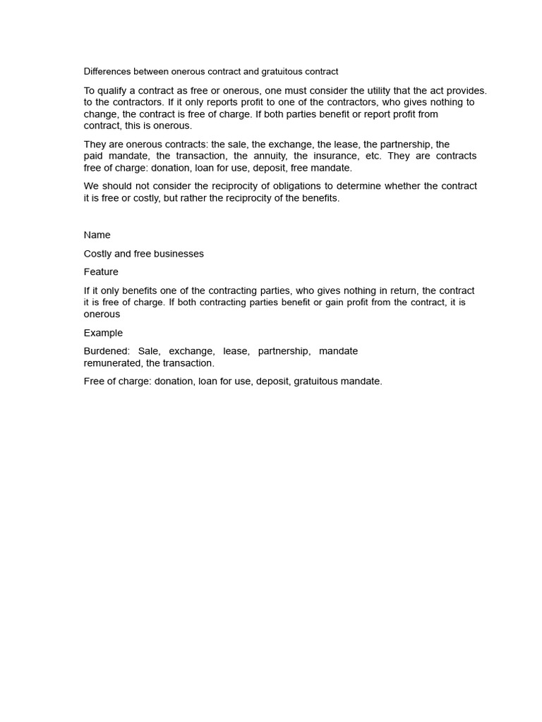 Onerous vs Gratuitous Contracts Explained | PDF