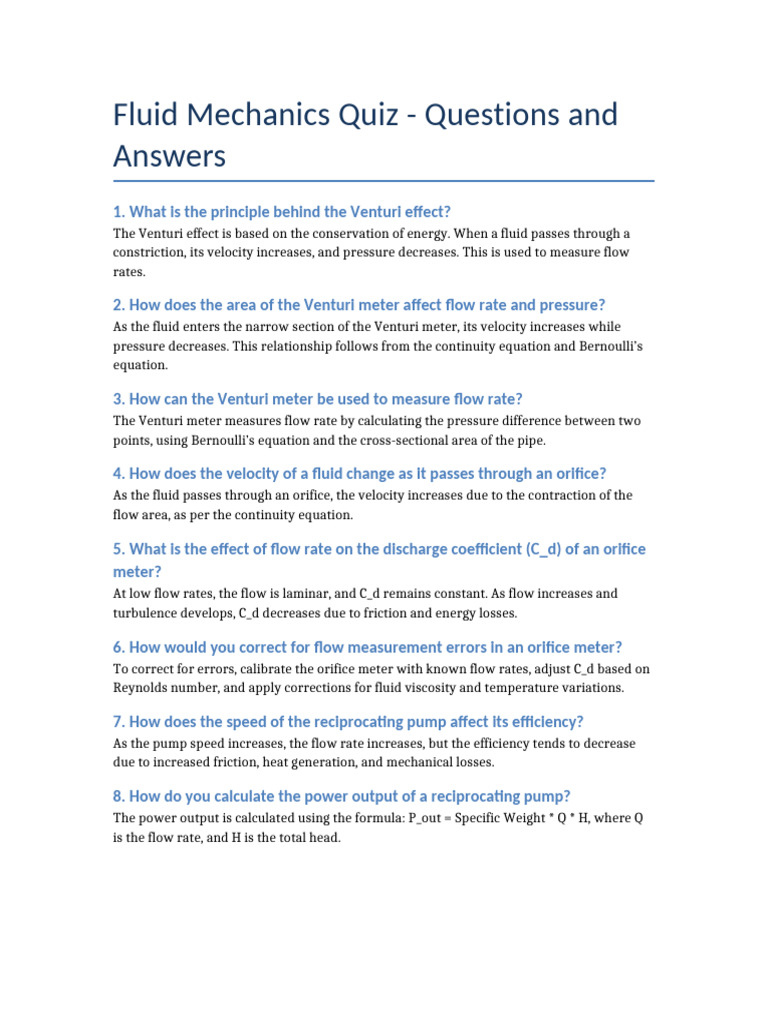 Fluid Mechanics Quiz Questions and Answers | PDF | Flow Measurement ...