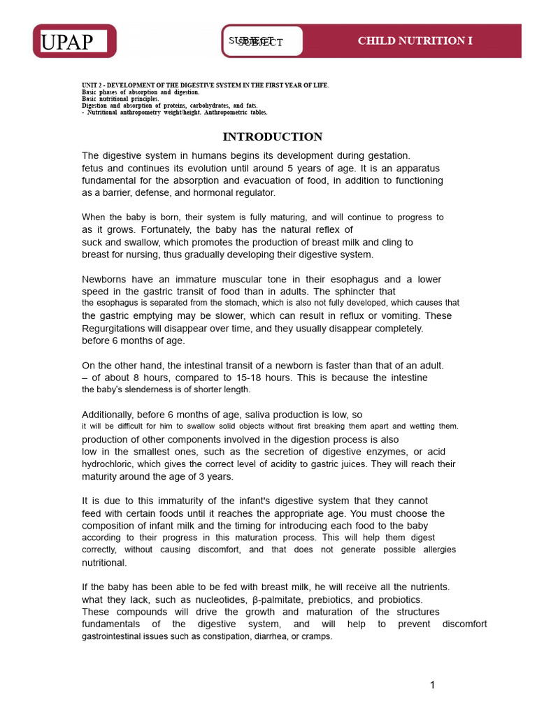 Unit 2 - Development of The Digestive System in The First Year of Life ...