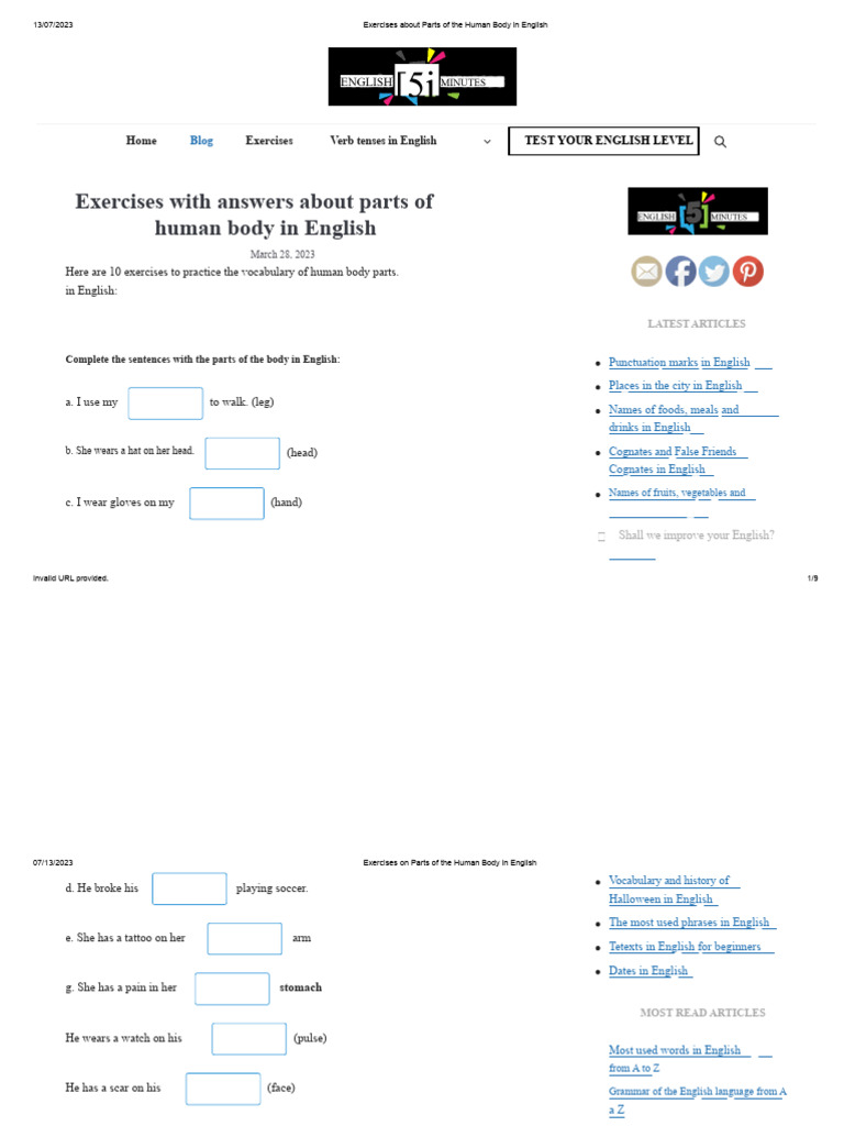 00 - 01 - 52 Exercises On Parts of The Human Body in English | PDF ...