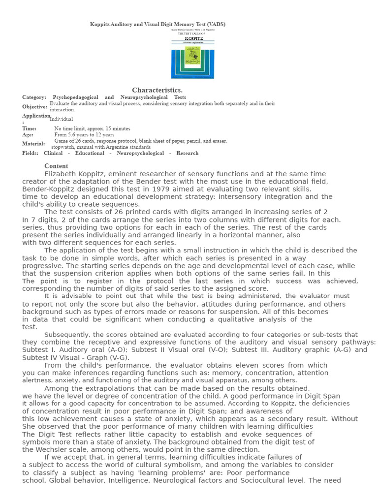 Auditory and Visual Memory Test of Digits by Koppitz | PDF | Learning ...