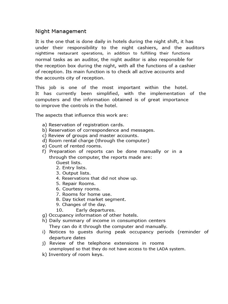 Night Management in Hotels Explained | PDF