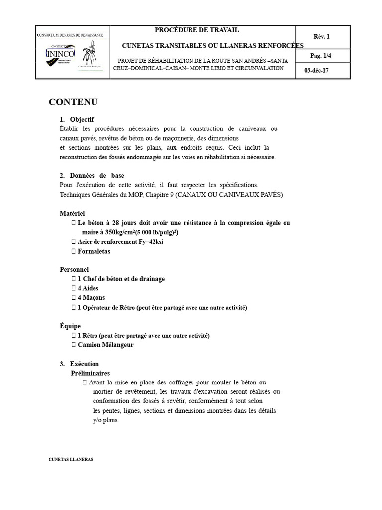 Procédure de construction de cunettes renforcées | PDF | Béton ...
