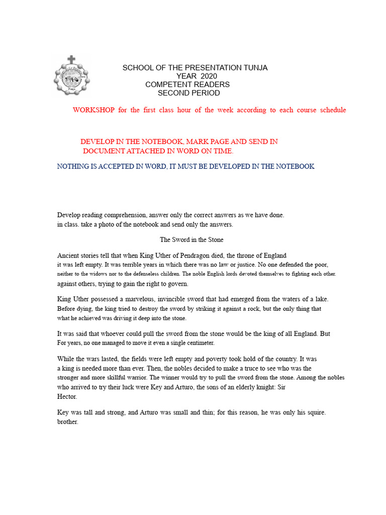 Reading Comprehension Assessment | PDF | Excalibur | Noun