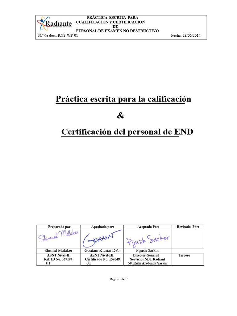 RNS-NDT-WP-001 Rev 0 | PDF | Pruebas no destructivas | Pruebas