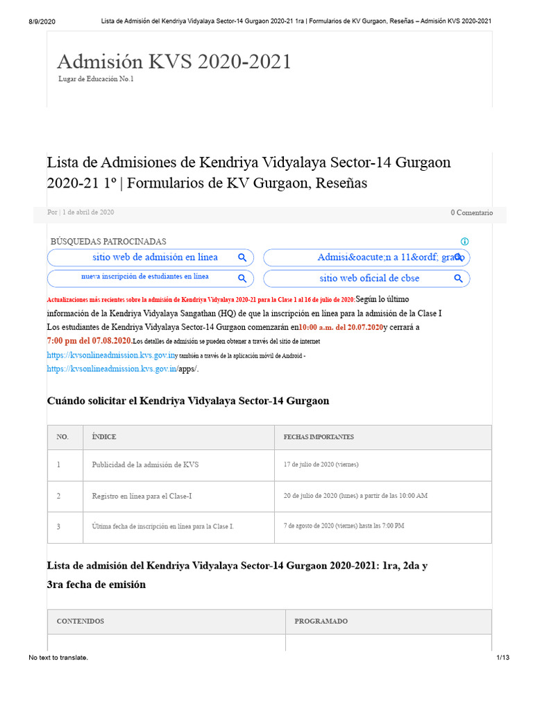 Lista de Admisión de Kendriya Vidyalaya Sector-14 Gurgaon 2020-21 1 ...