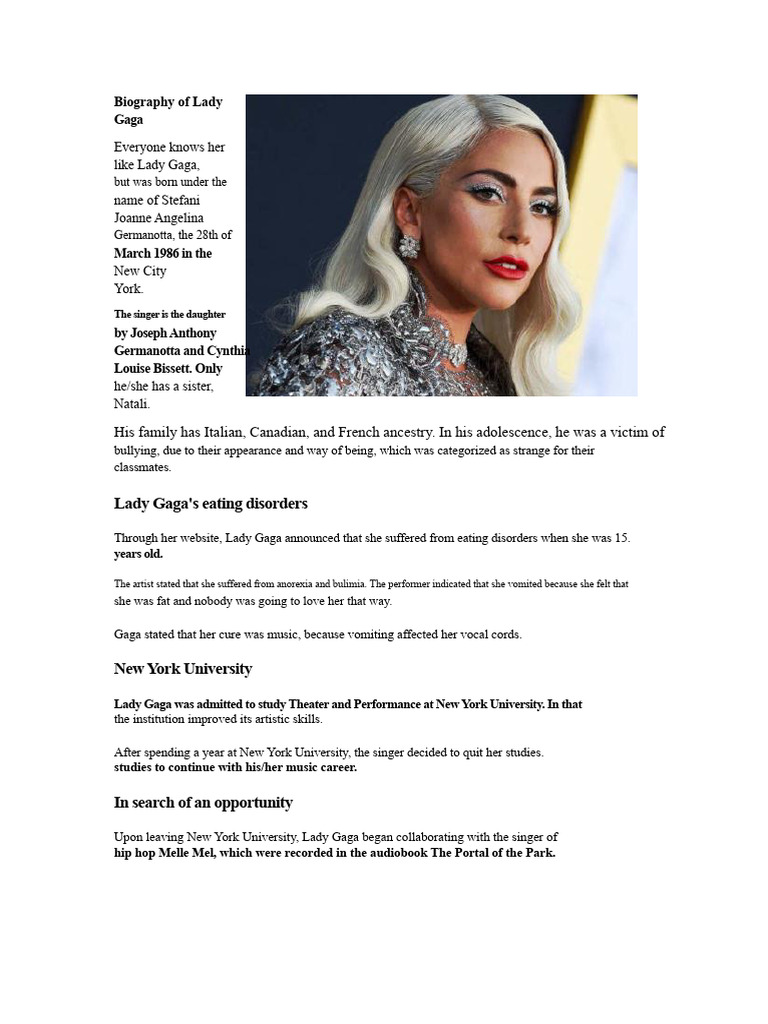 Biography of Lady Gaga | PDF | Lady Gaga | Eating Behaviors Of Humans