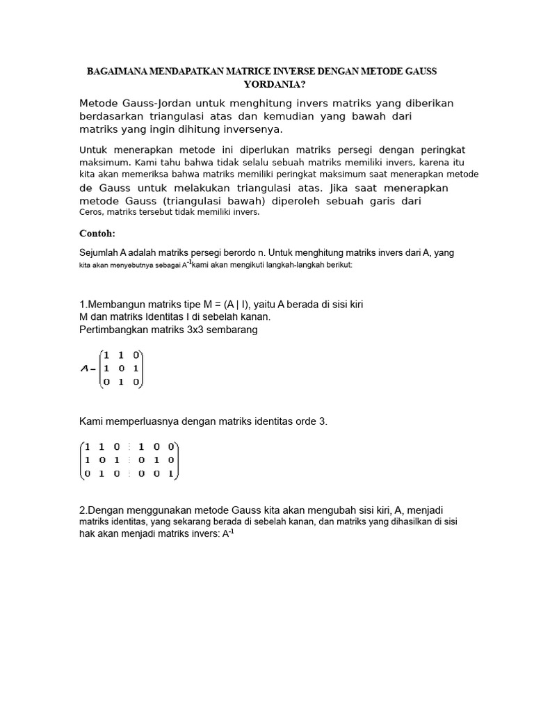 Cara Menghitung Matriks Invers Dengan Metode Gauss Jordan | PDF
