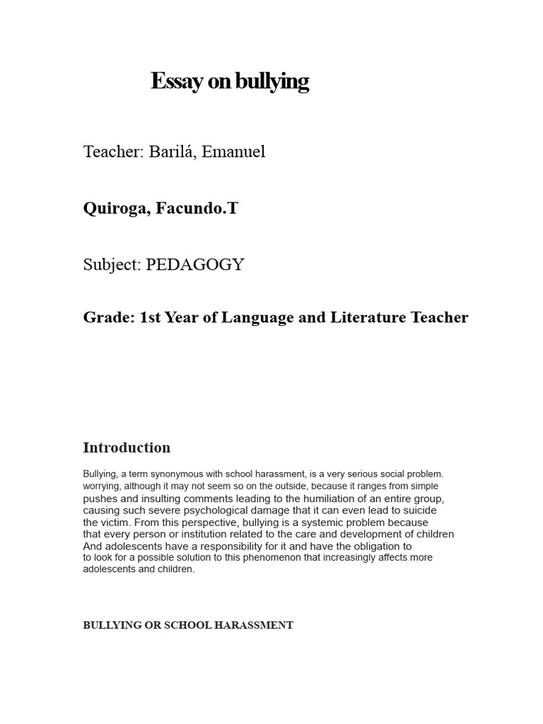 Essay On Bullying | PDF | Bullying | Violence