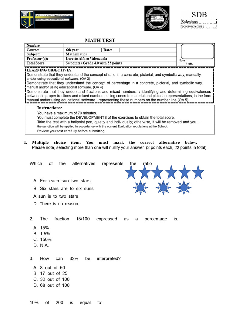 Math Test, 6th Grade | PDF | Numbers | Arithmetic