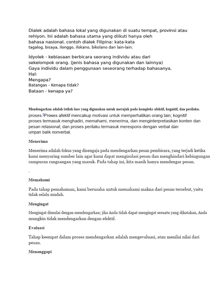 Dialekto Adalah Bahasa Lokal Yang Digunakan Di Suatu Tempat. | PDF