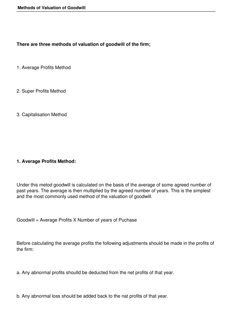 Three Methods for Valuing Goodwill: The Average Profits Method, Super ...