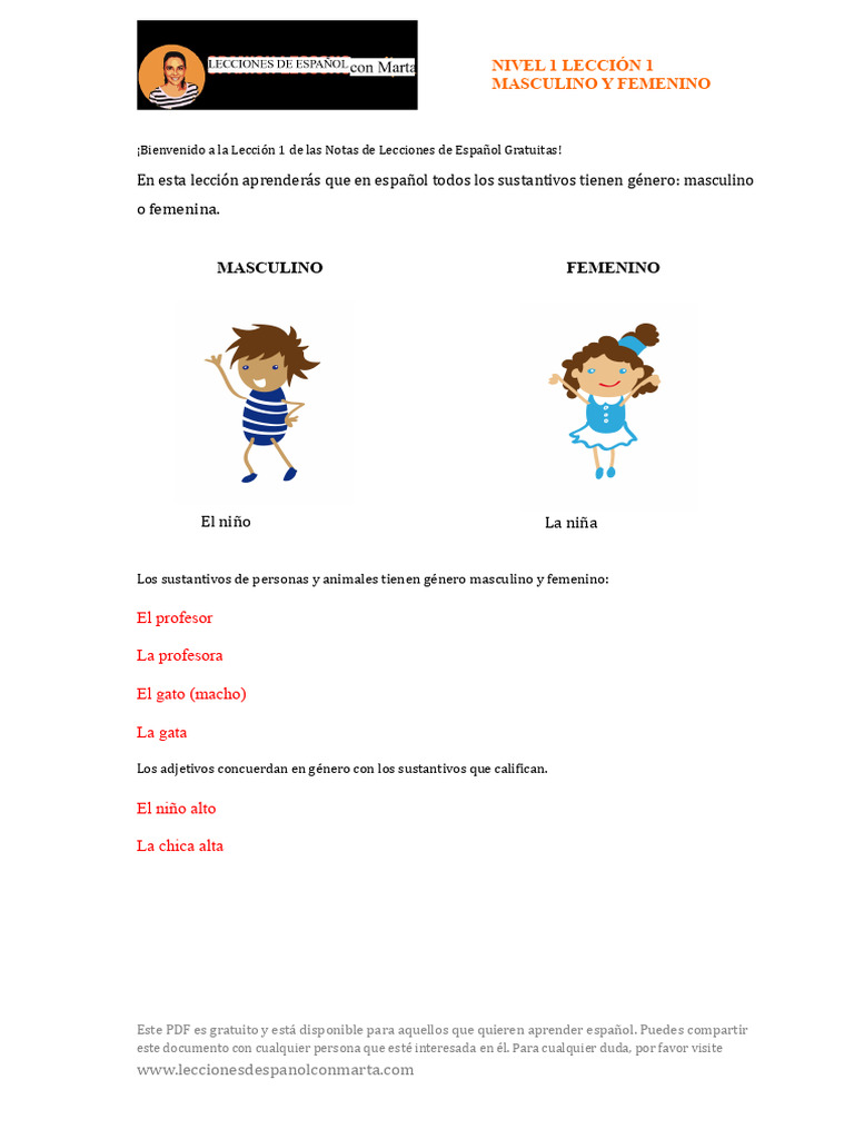 Nivel 1 Lección 1. Masculino o Femenino | PDF | Sustantivo | Lingüística