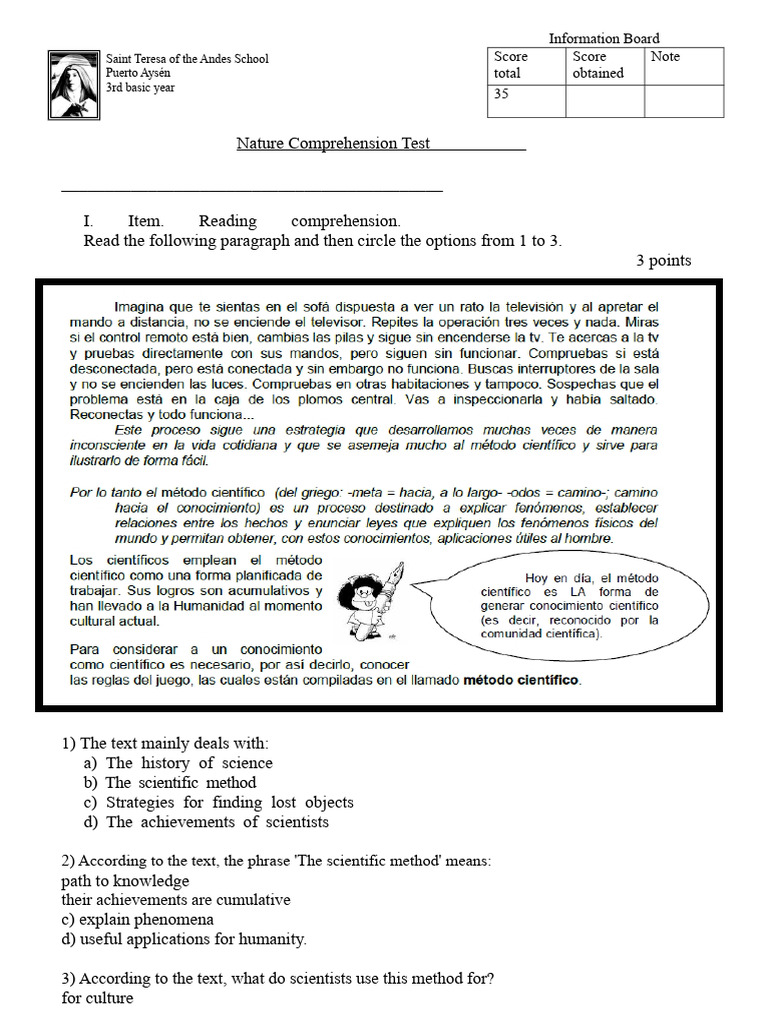 Nature Comprehension Test Scientific Method | PDF | Scientific Method ...