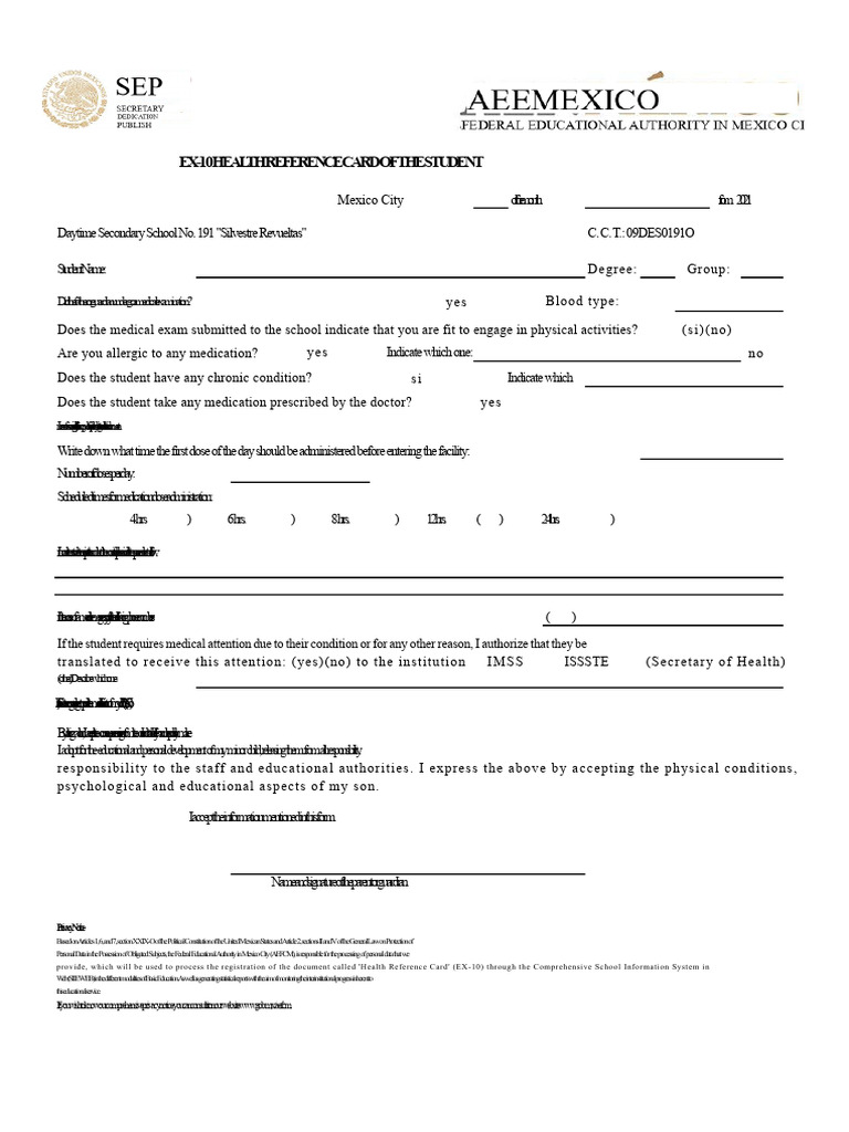 Ex 10 Health Reference Card of The Student 21 22 | PDF | Clinical ...