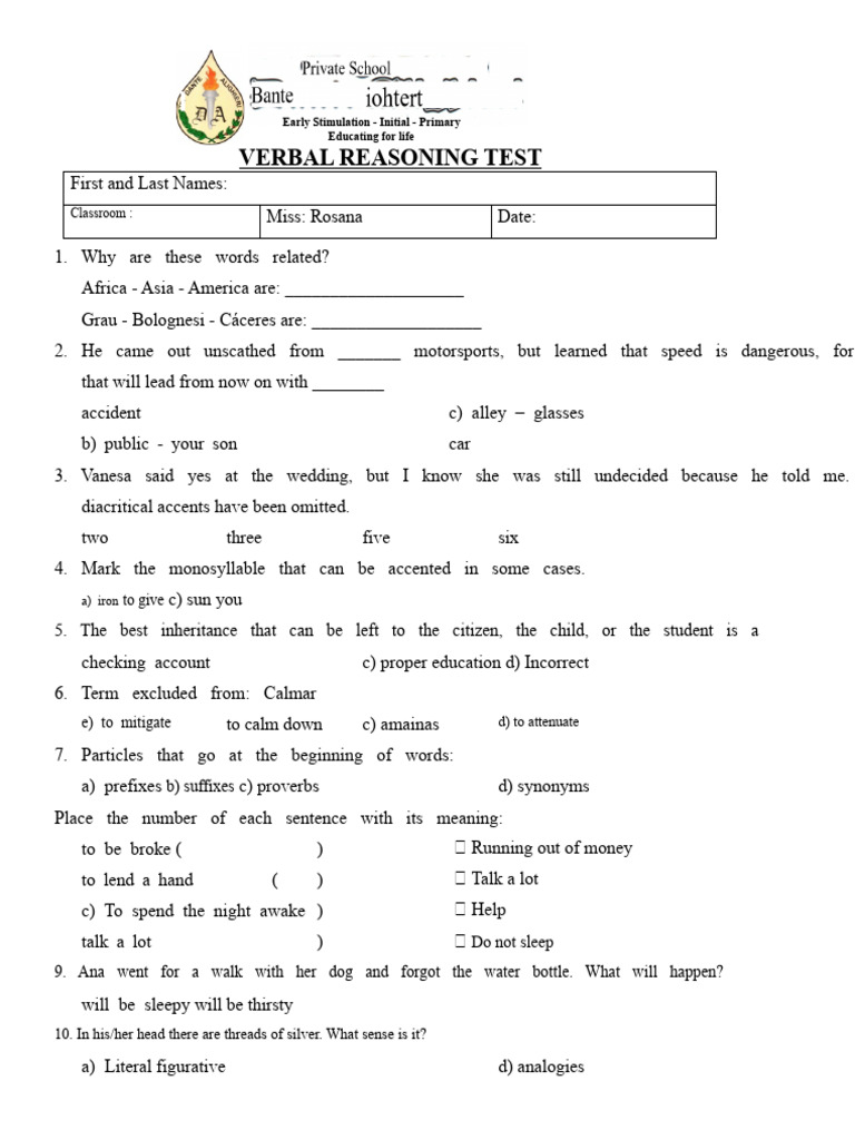EXAM 2022 Verbal Reasoning 5th Grade XX | PDF