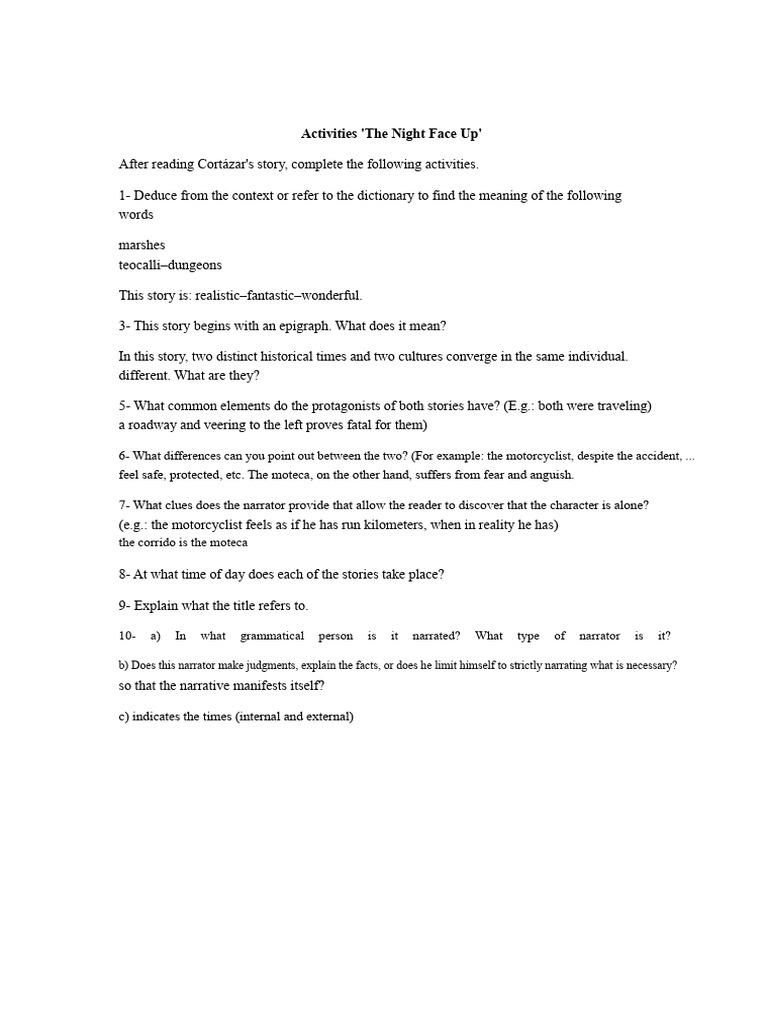 Activities for "The Night Face Up" Analysis | PDF