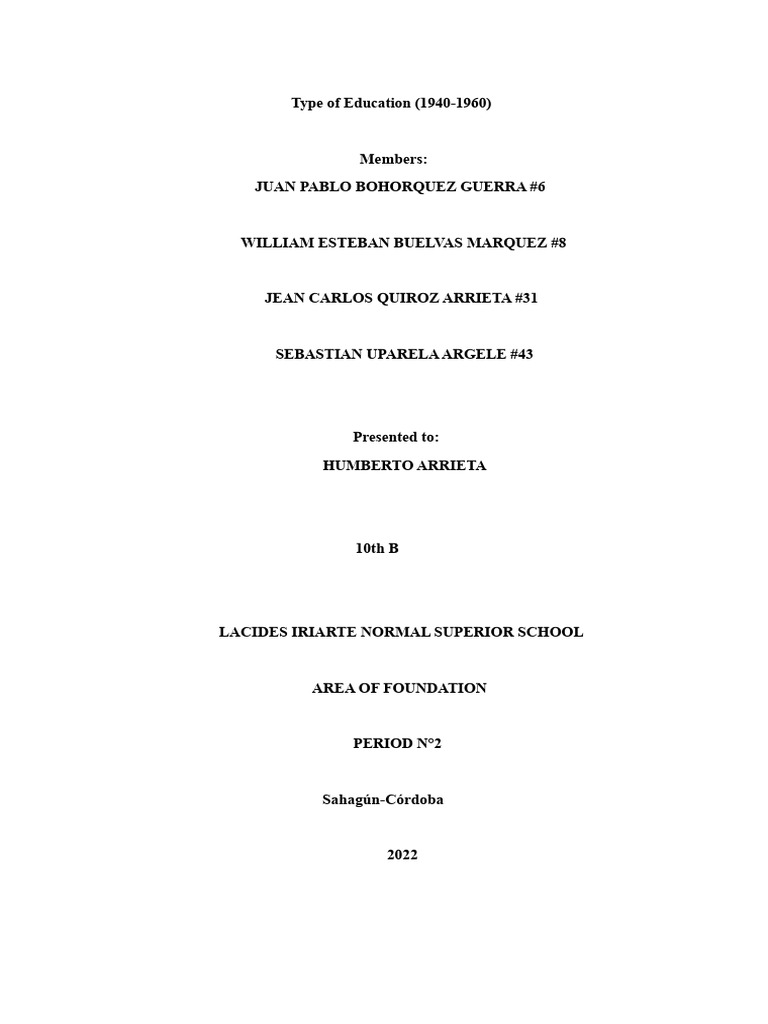 Foundation - Type of Education of The Years (1940-1960) | PDF ...