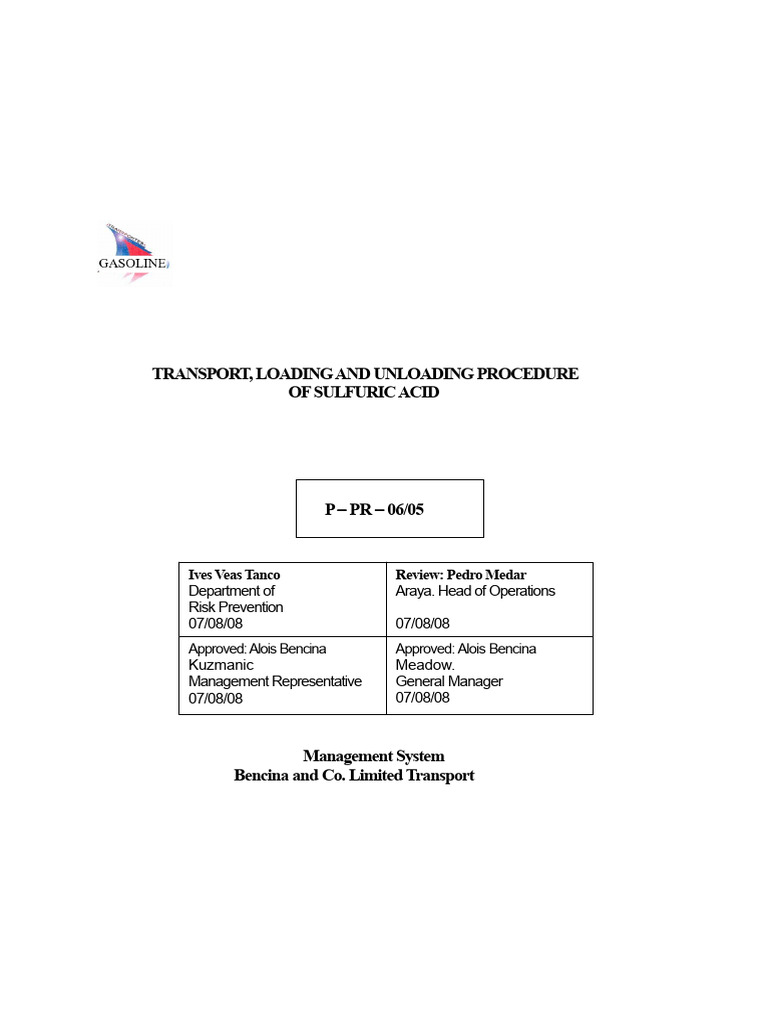 Annex C Procedure For Transporting, Loading, and Unloading Sulfuric ...