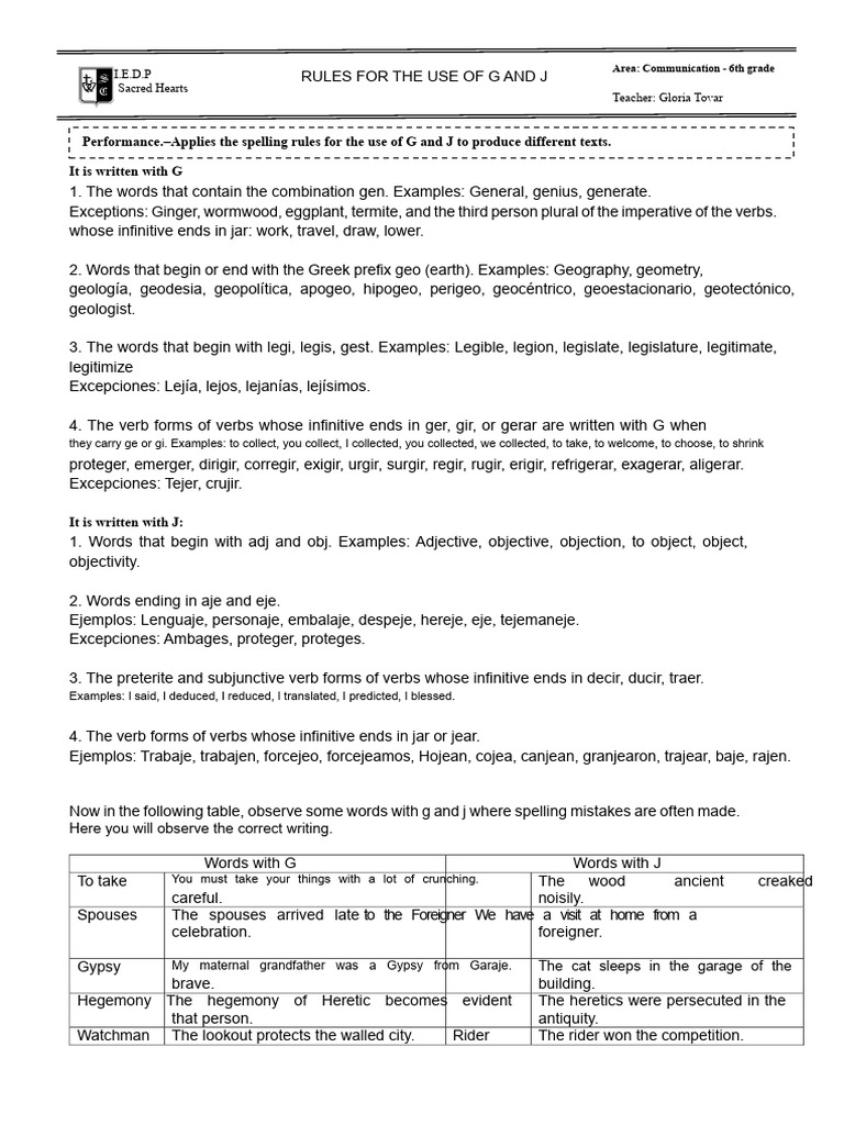 Communication Sheet On The Use of G and J | PDF | Linguistic Typology ...