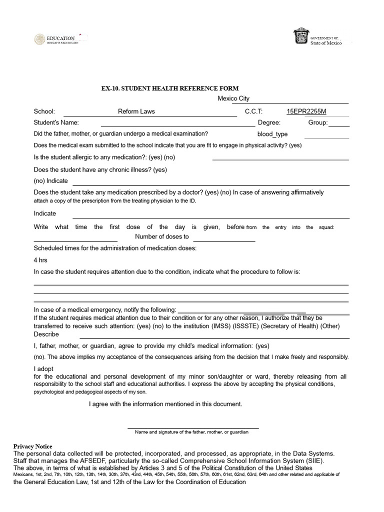 Ex-10. Student Health Reference Form | PDF | Health Care | Medicine