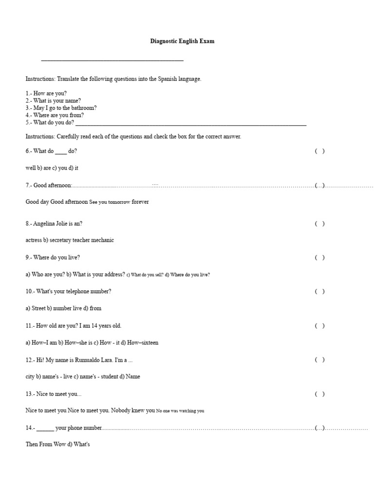 English to Spanish Diagnostic Exam | PDF | English Language | Linguistics