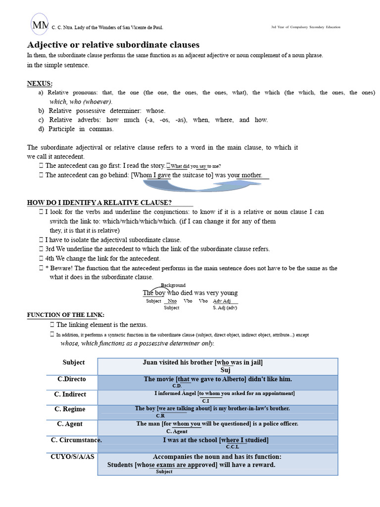 Relative or Adjectival Subordinate Clauses PDF | PDF | Adjective | Clause